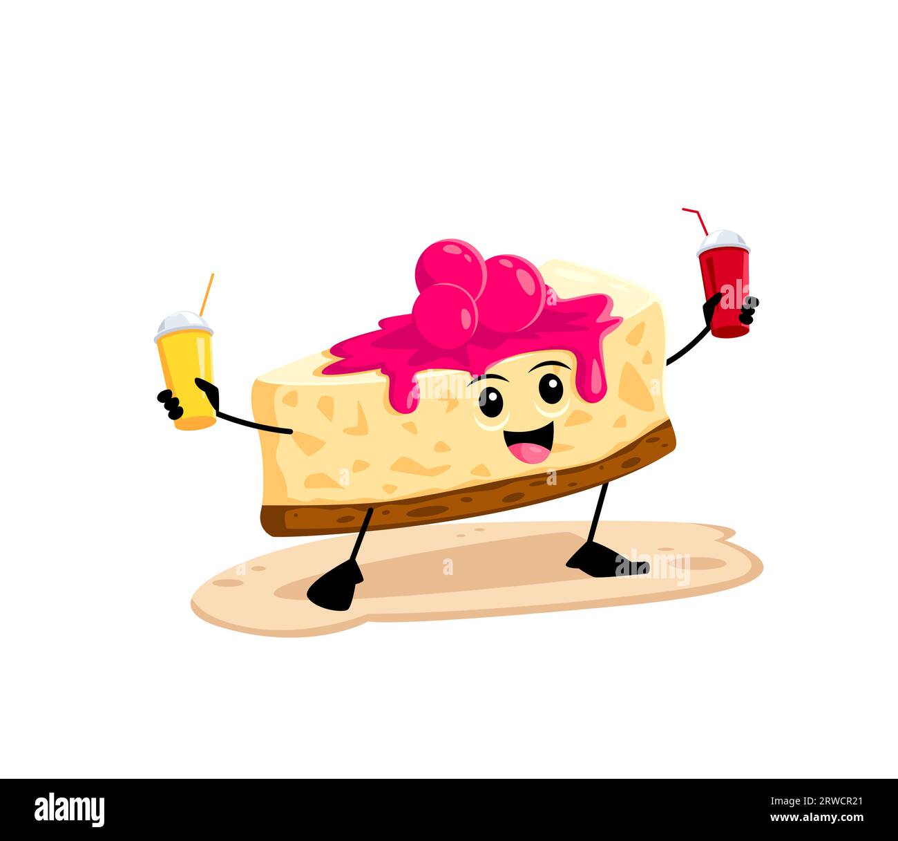 Cartoon fast food cheesecake character with summer cocktails. Street ...
