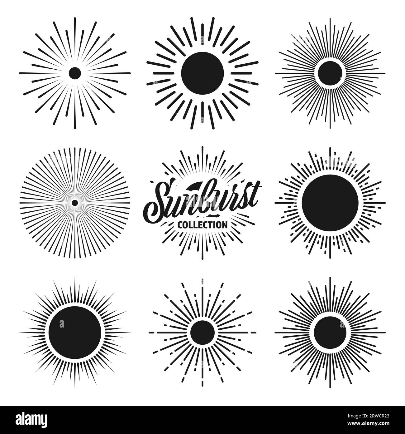 Vintage sunburst, sunset beams collection. Hand drawn bursting sun ...