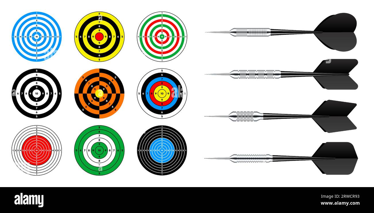 Paper targets with dart arrows. Shooting range round target, divisions ...