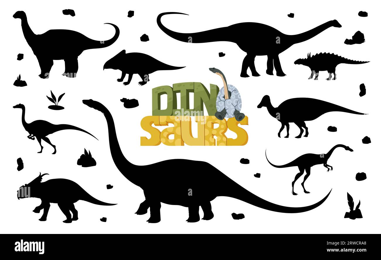 Cartoon dinosaur silhouettes of jurassic dino animals. Vector black ...