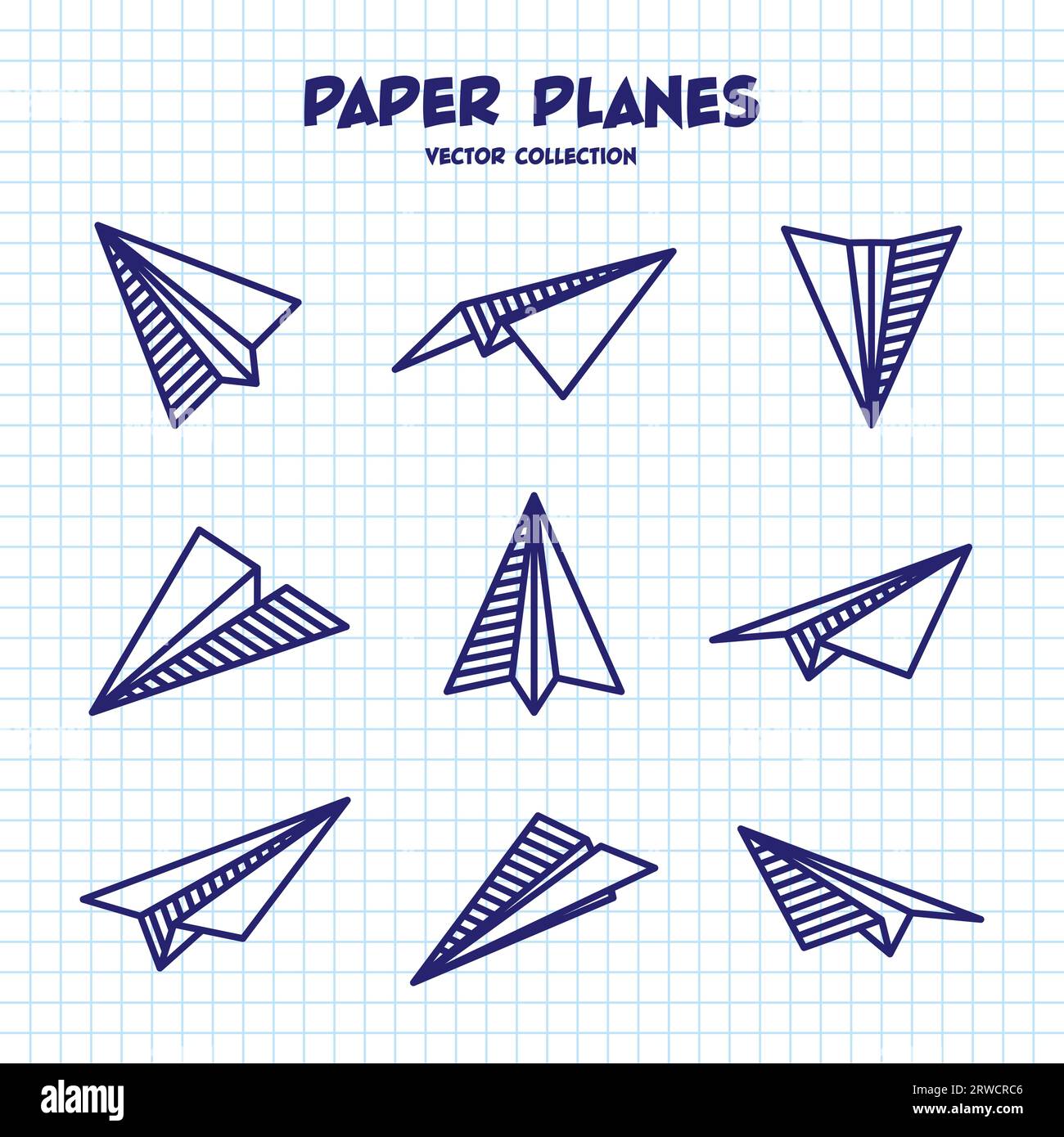 Hand drawn planes on checkered paper sheet. School notebook for drawing. Doodle airplane ...