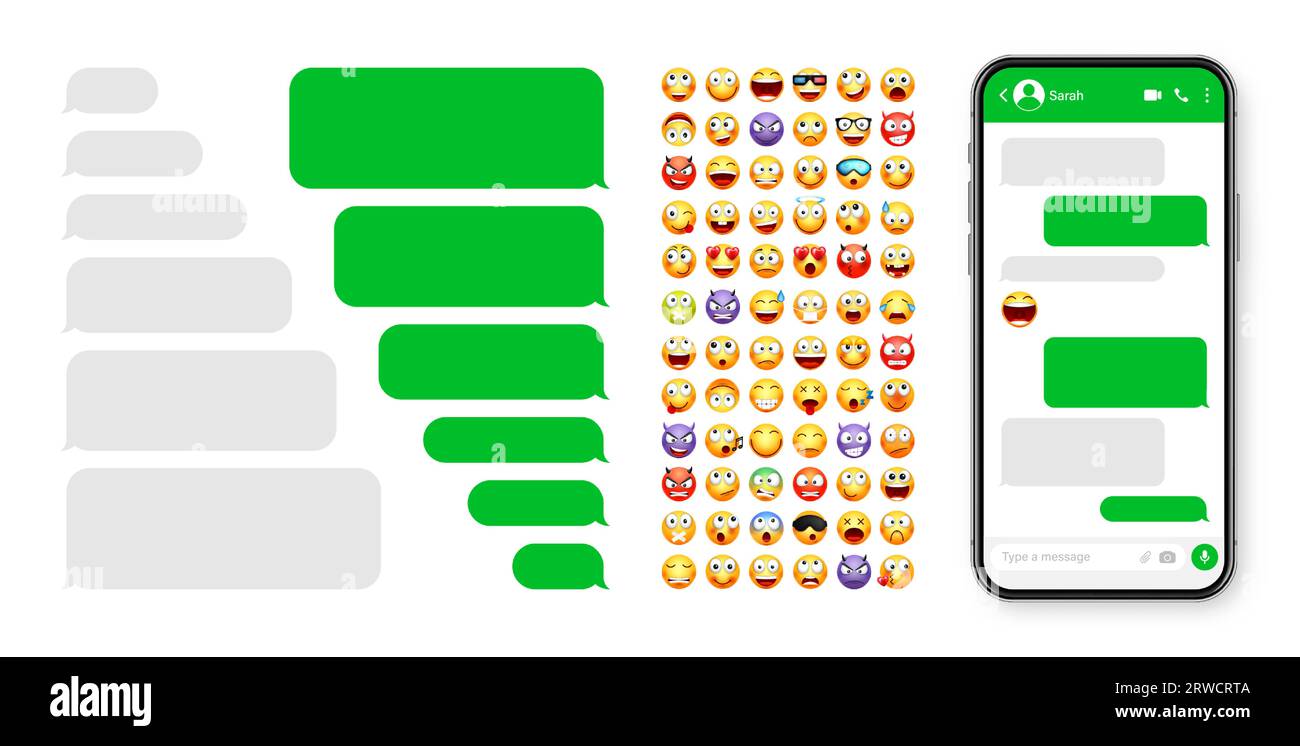 Smartphone messaging app, user interface design with emoji. SMS text ...