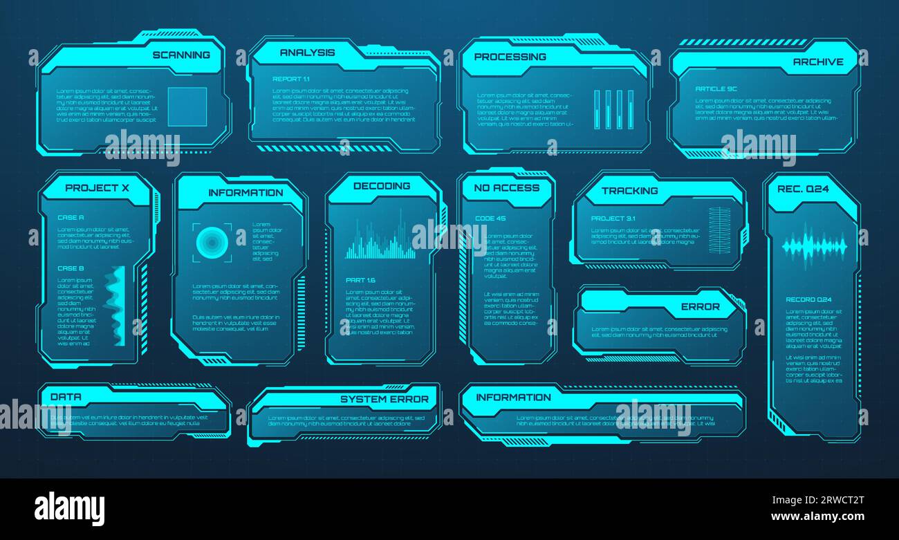 Blue futuristic HUD or UI elements. Sci-fi user interface text boxes, callouts. Warning message ...