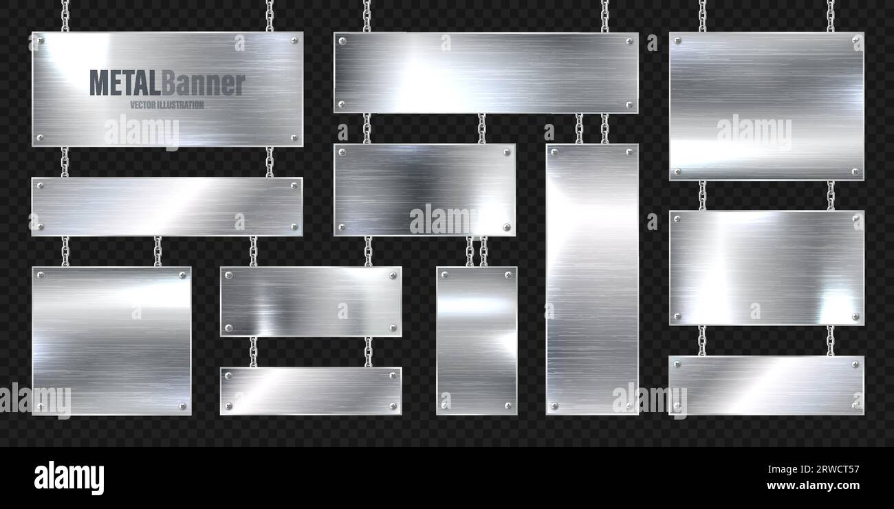 Metal banners hanging on a chain. Realistic shiny steel plate with ...