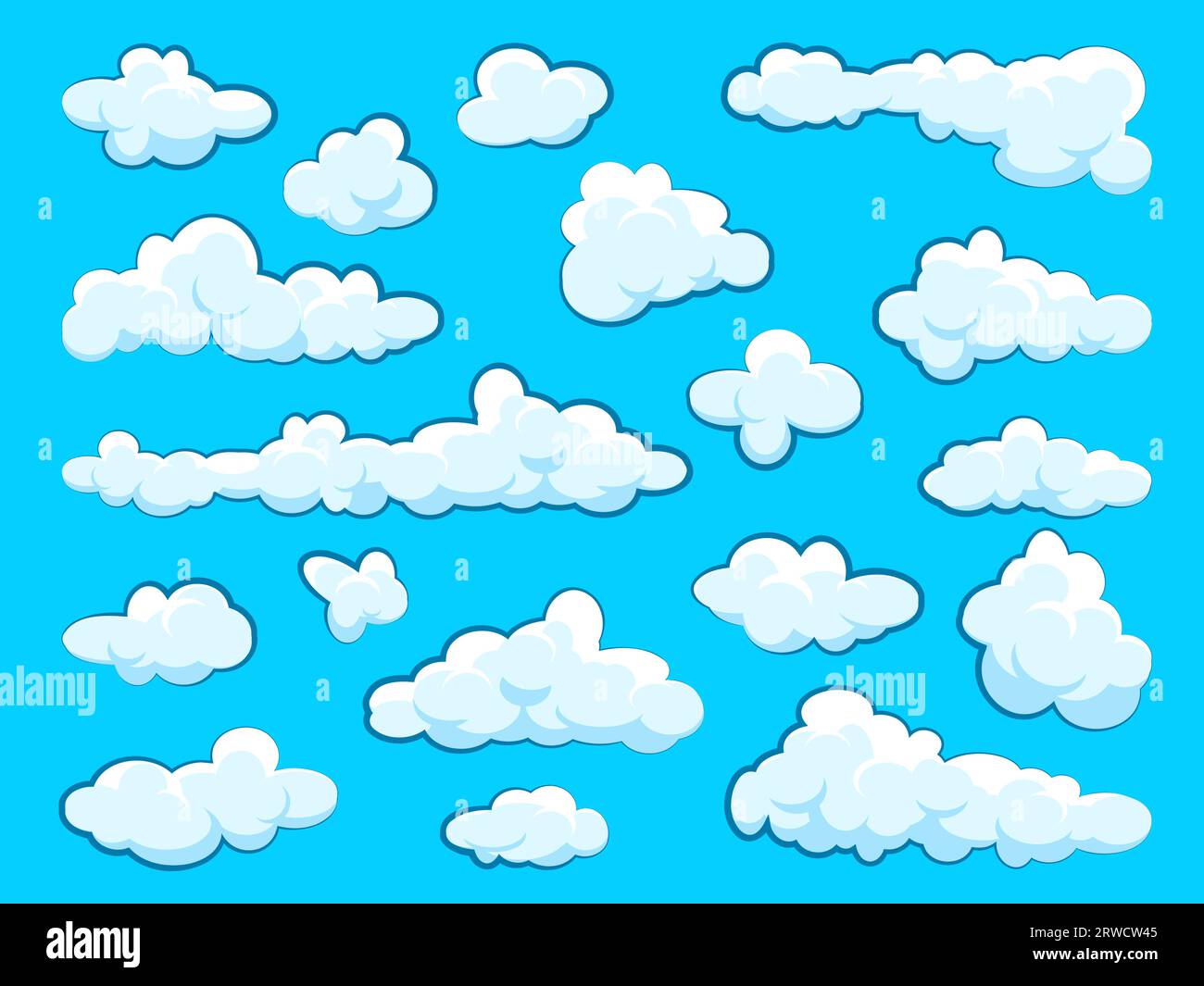 Painted cartoon clouds on blue background. Simple hand drawn round ...