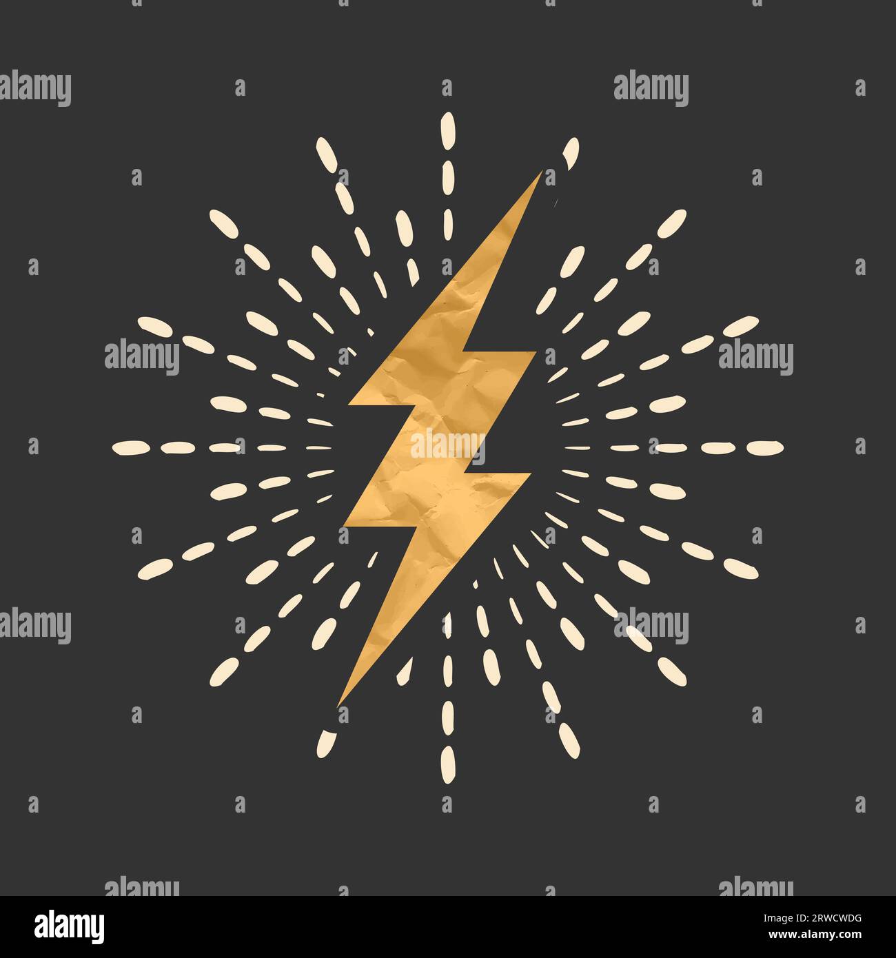 Vintage lightning bolt and sunrays. Lightnings with crumpled paper ...