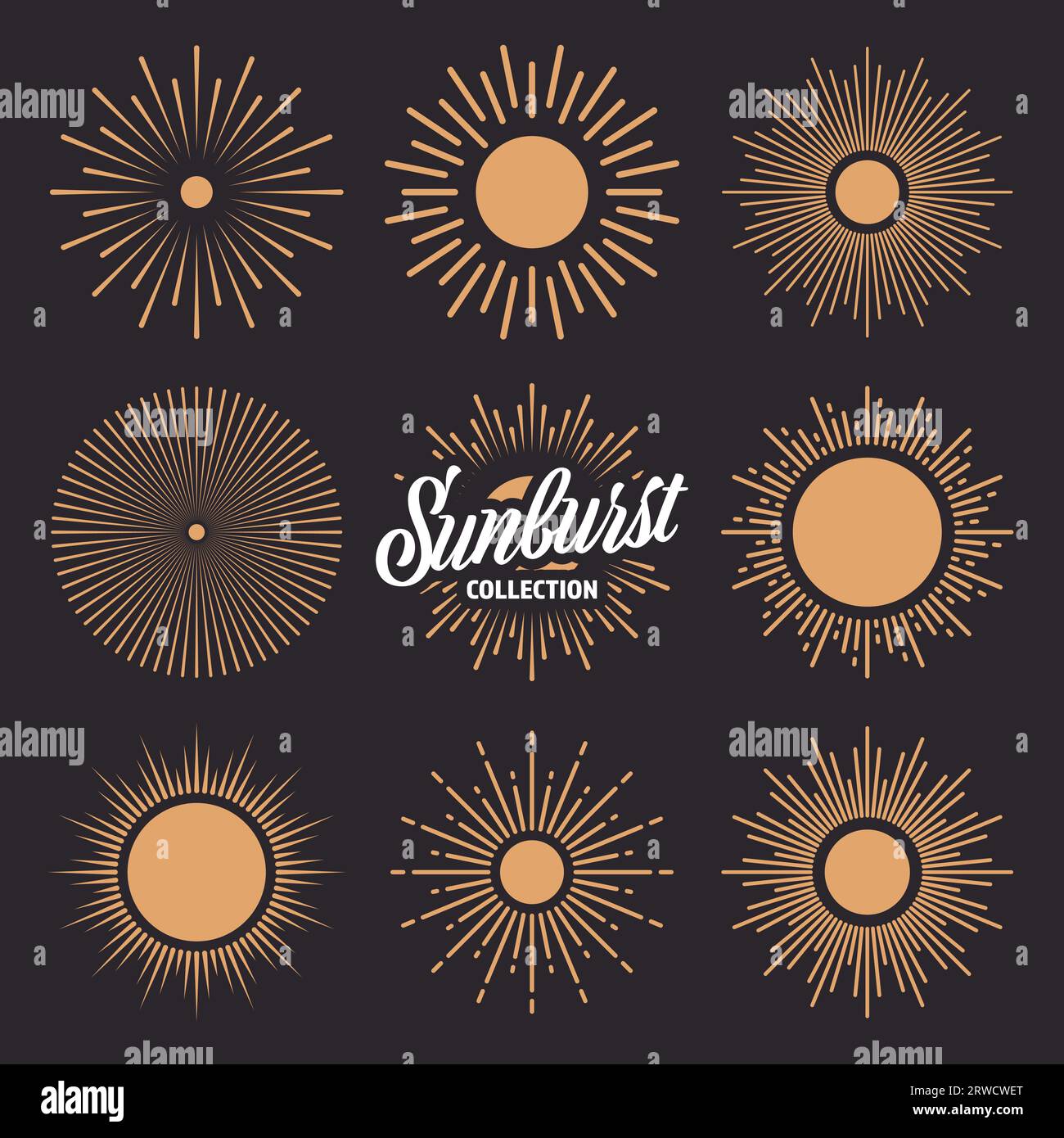 Vintage sunburst, sunset beams collection. Hand drawn bursting sun ...