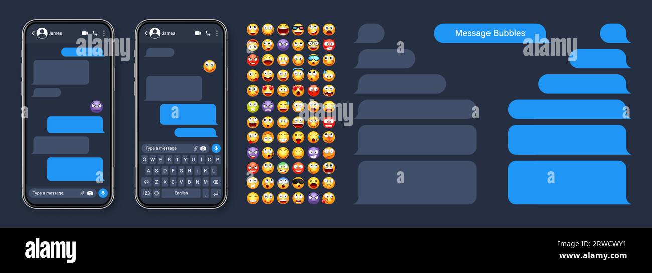 Smartphone messaging app, user interface with emoji. SMS text frame. Chat screen, blue message ...