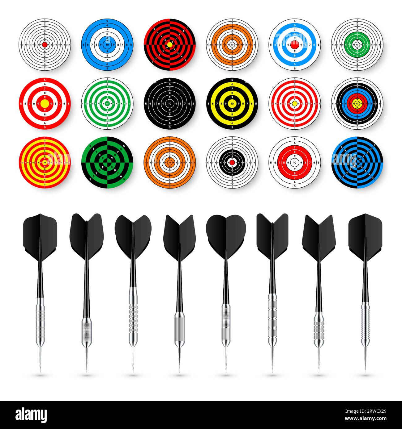Paper targets with dart arrows and shadows. Shooting range round target ...