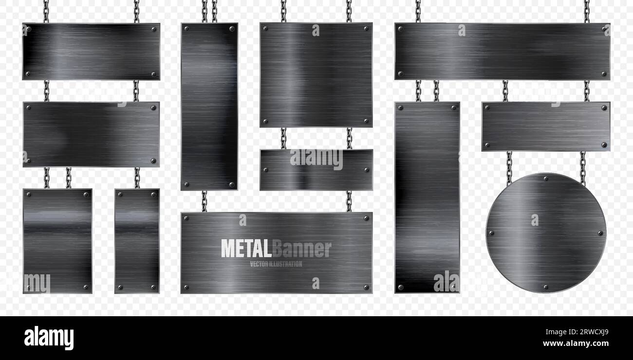 Metal banners hanging on a chain. Realistic shiny steel plate with ...