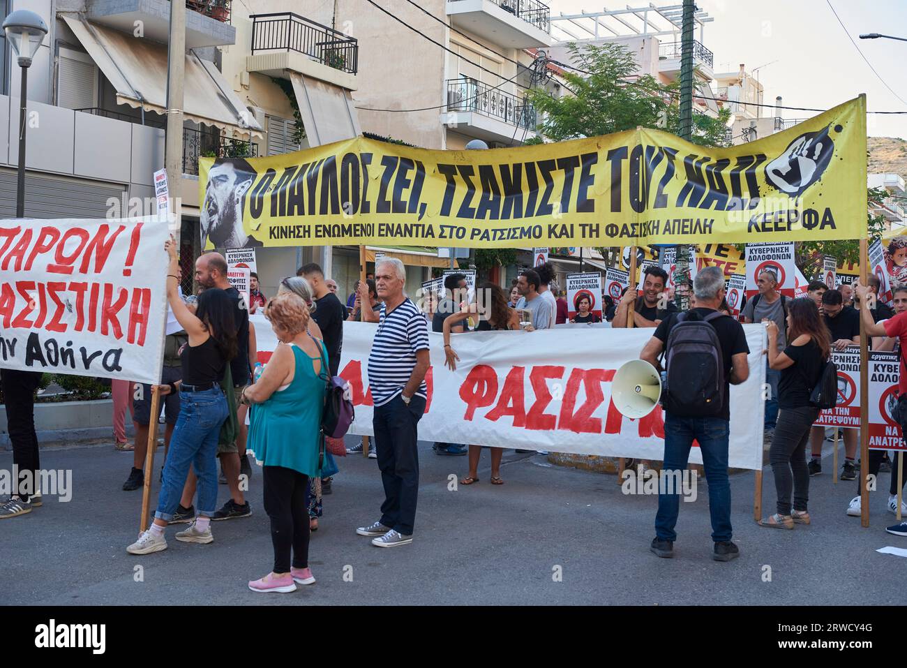 Athens, Greece. 18th Sep, 2023. Protesters hold banners and placards ...
