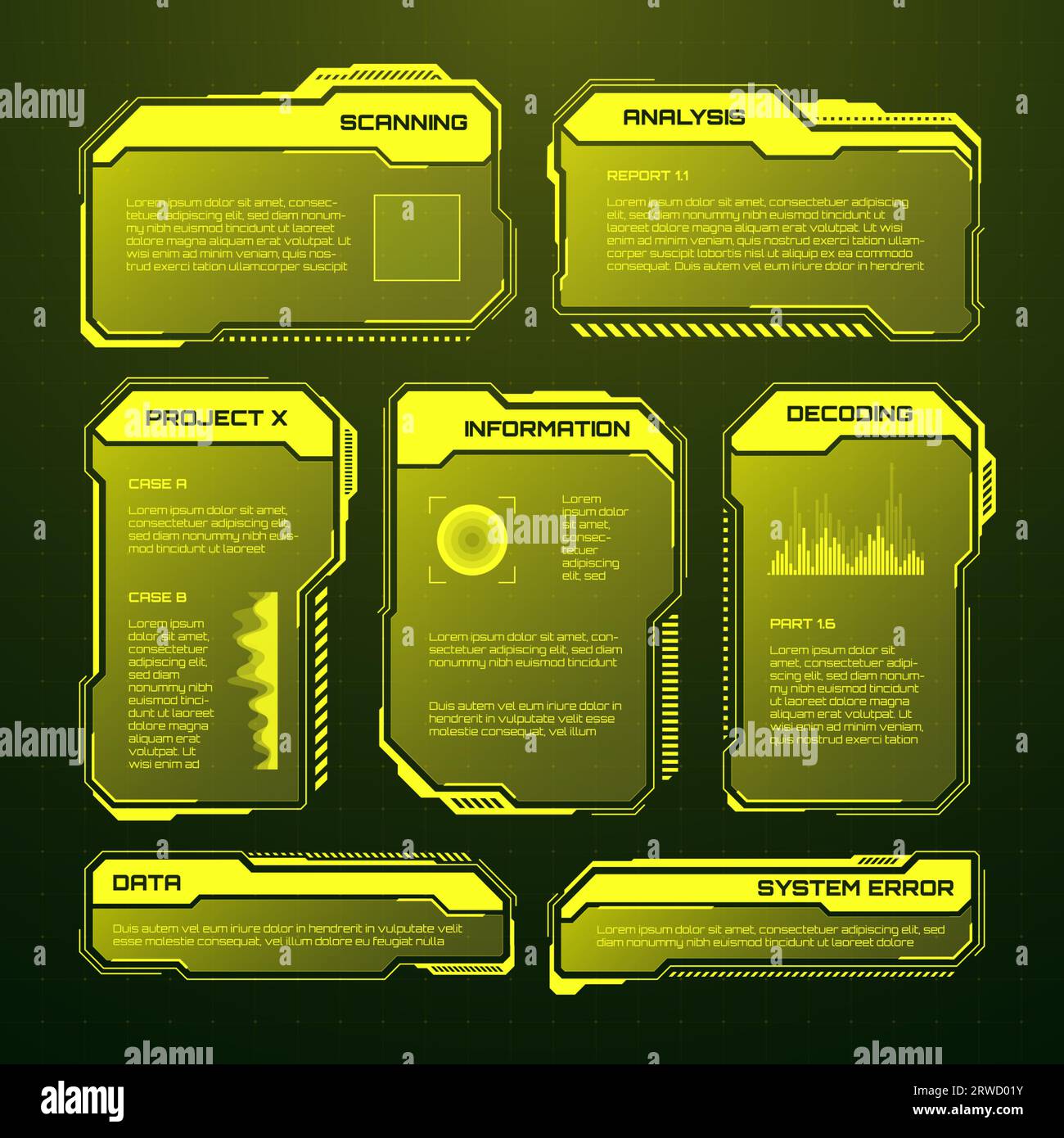 Yellow futuristic HUD, UI elements. Sci-fi user interface text boxes ...