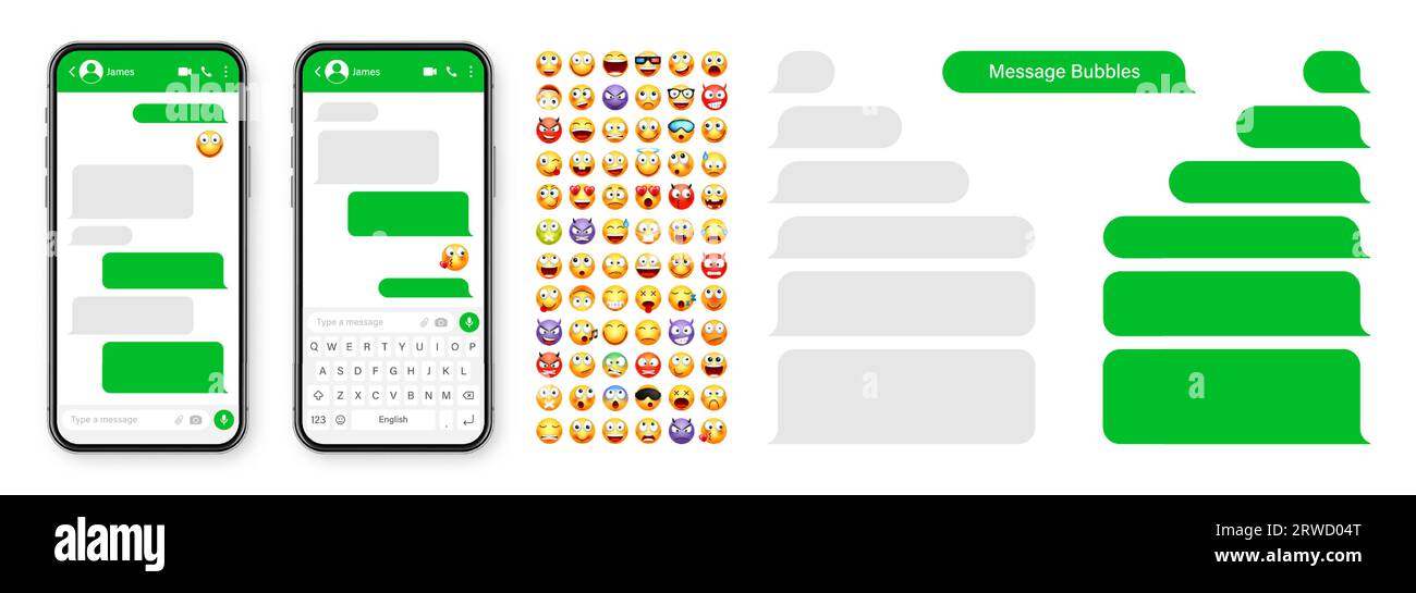 Smartphone messaging app, user interface design with emoji. SMS text ...