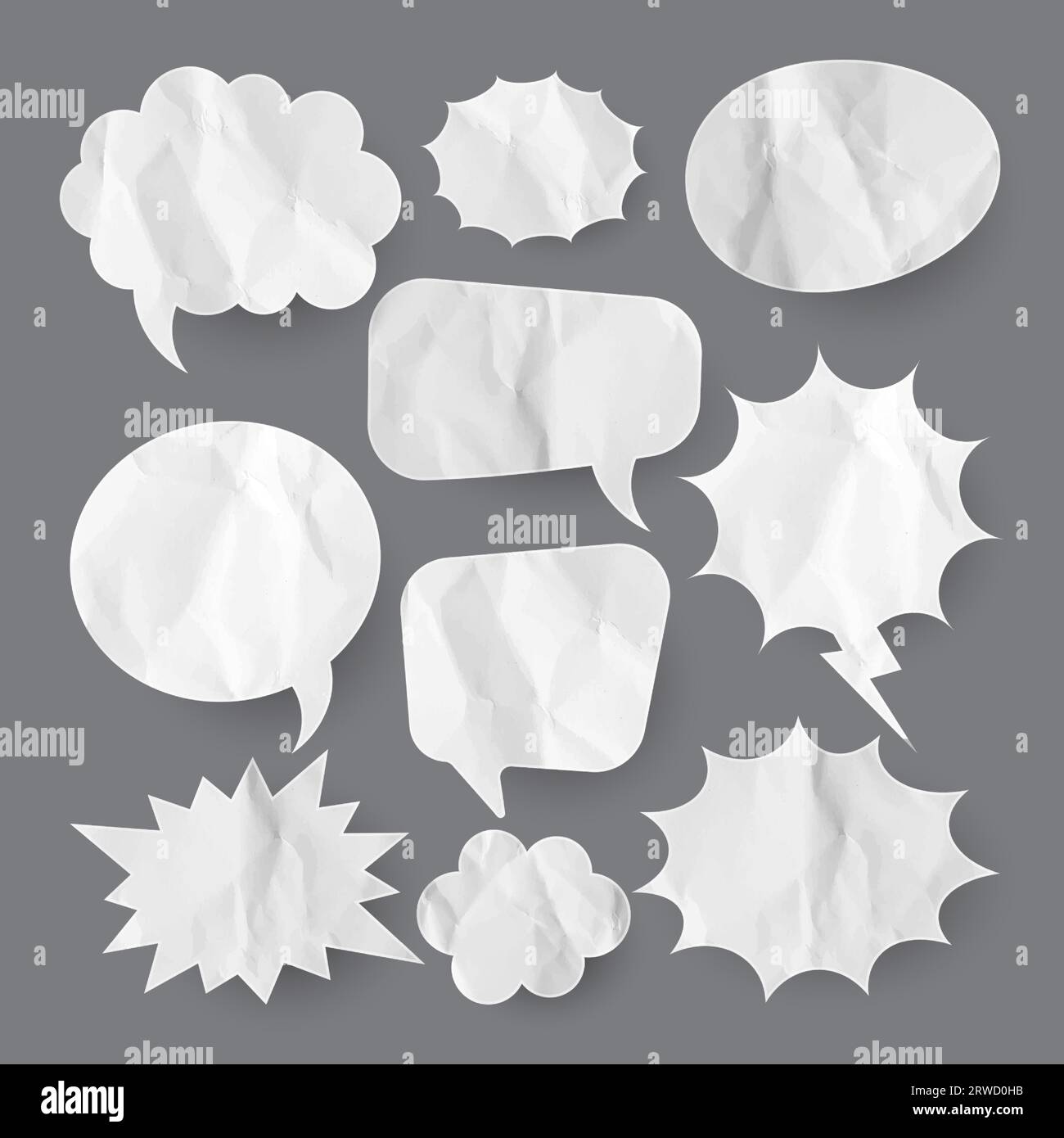 Crumpled paper comic speech bubbles. Hand drawn retro cartoon stickers ...