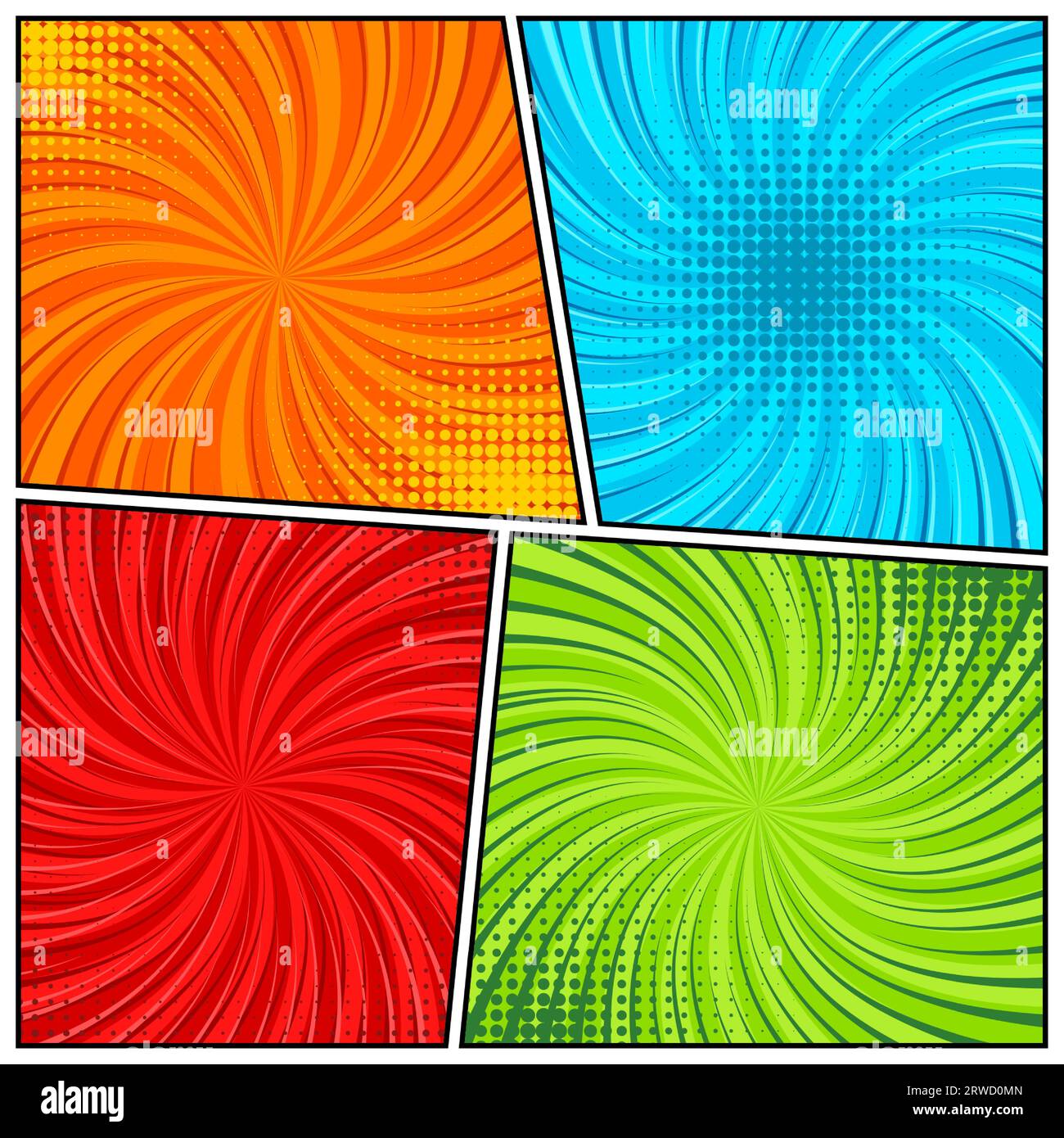 Colorful twisted comic book radial rays, lines. Comics background with ...