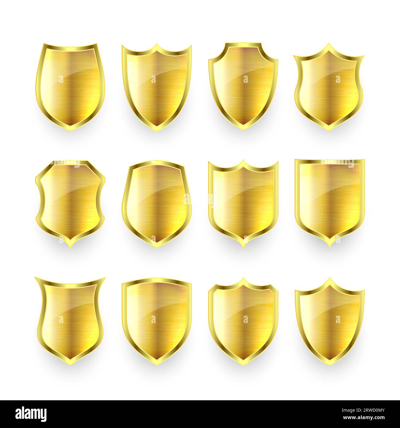 Set of various vintage 3d metal shield icons. Shiny golden heraldic ...