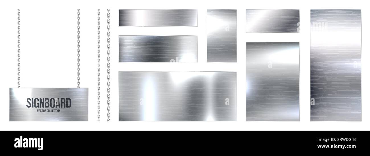 Metal banners hanging on a chain. Realistic shiny steel plate with ...