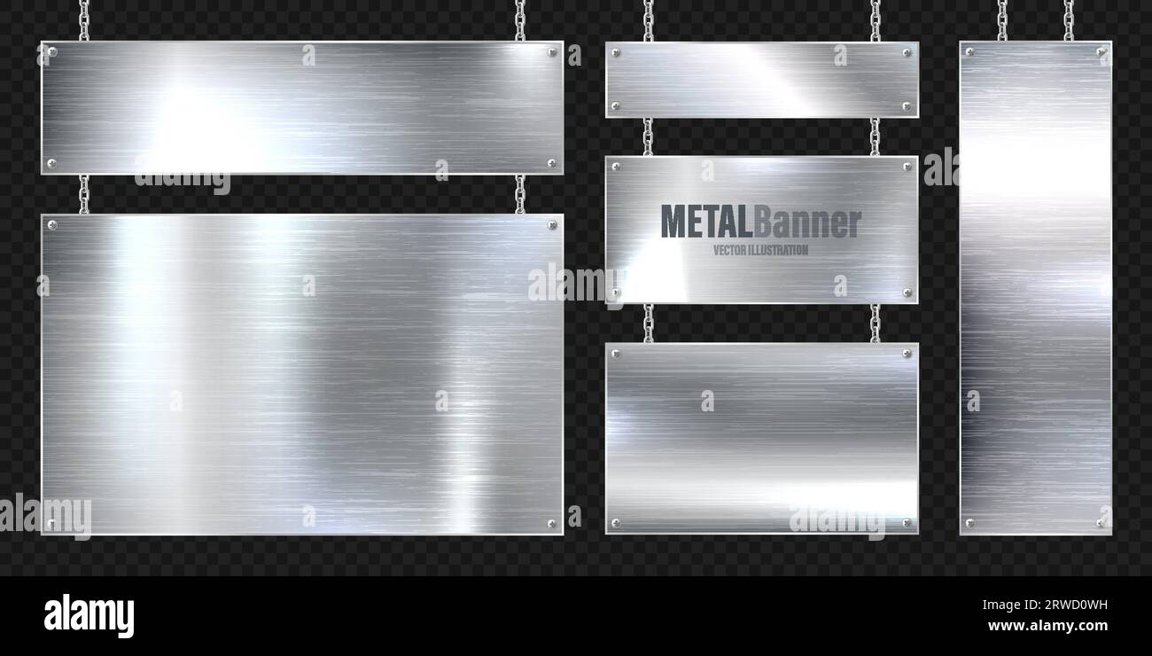 Metal banners hanging on a chain. Realistic shiny steel plate with ...