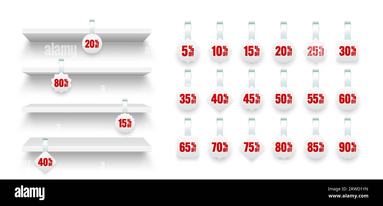 Store shelves with supermarket promotional wobblers. Product shelf and ...
