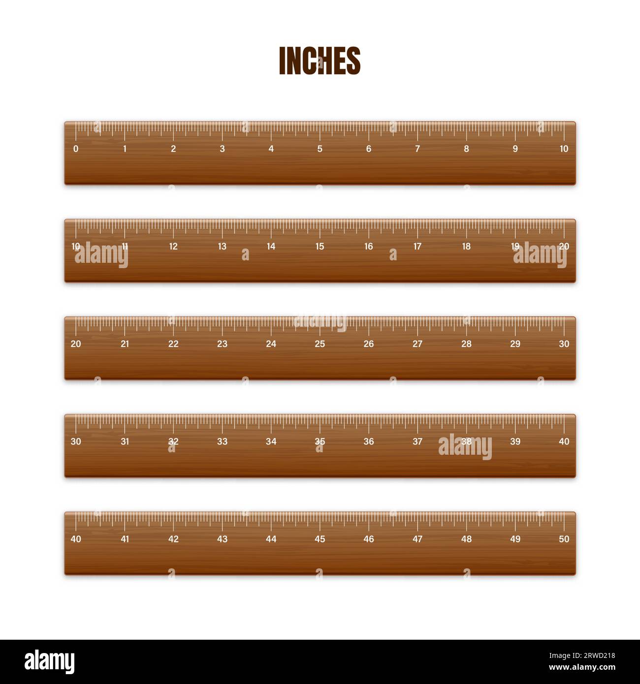 Realistic various wooden rulers with measurement scale and divisions ...
