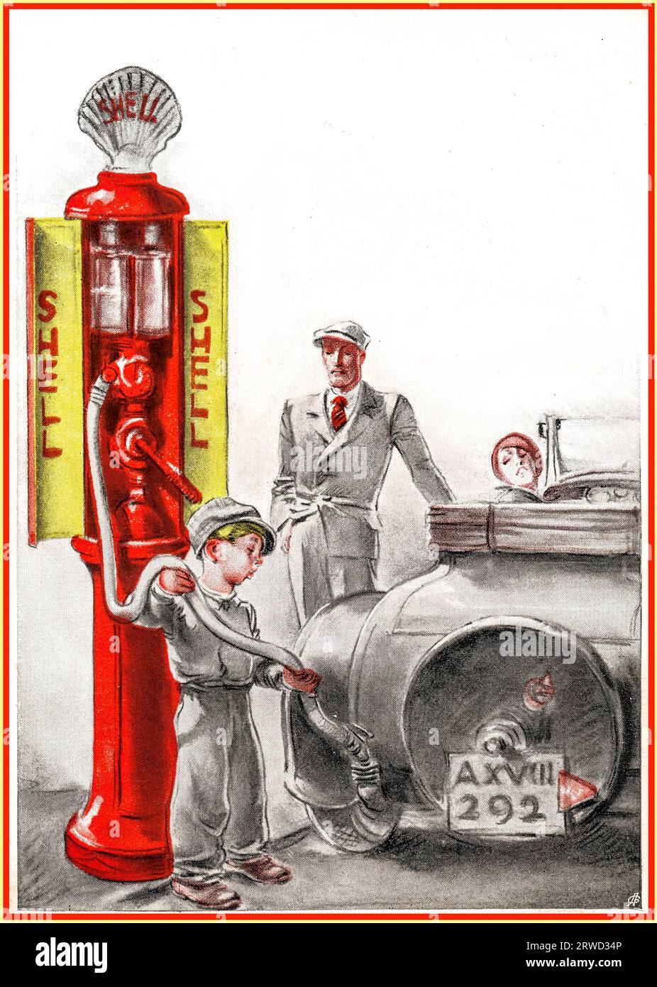 Shell Petrol vintage 1930s garage forecourt with young service station ...