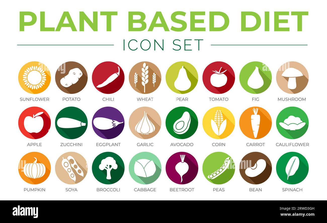 Colorful Plant Based Diet Round Icon Set of Sunflower, Potato, Chilli ...