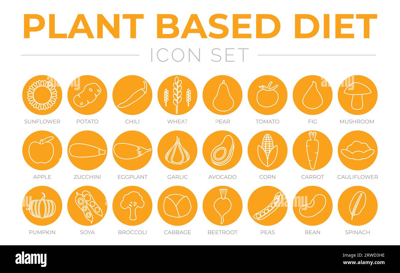 Outline Plant Based Diet Round Orange Icon Set of Sunflower, Potato ...