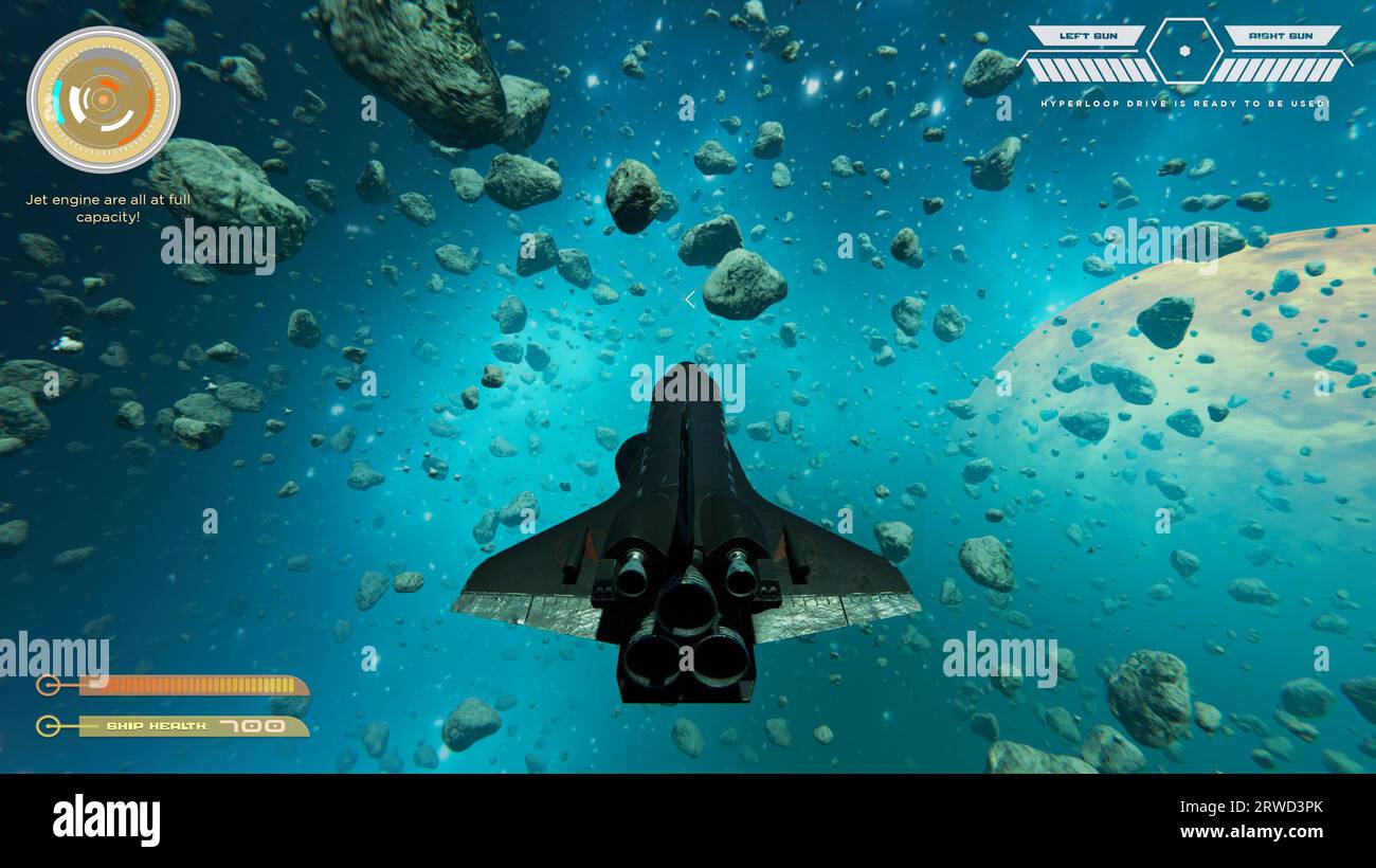 Spaceship flying singleplayer game with overlay HUD showing health ...