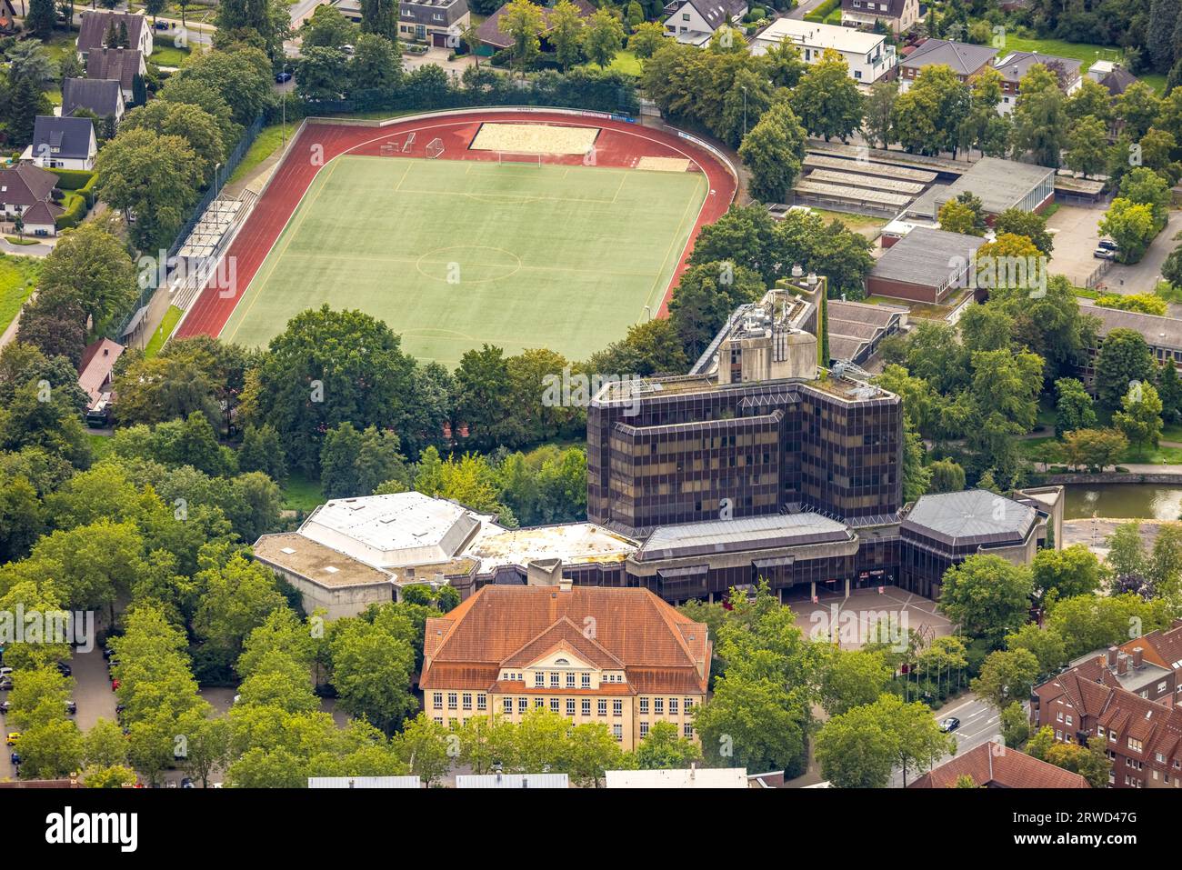 Aerial view, uftbild, city hall and town hall, public library and ...