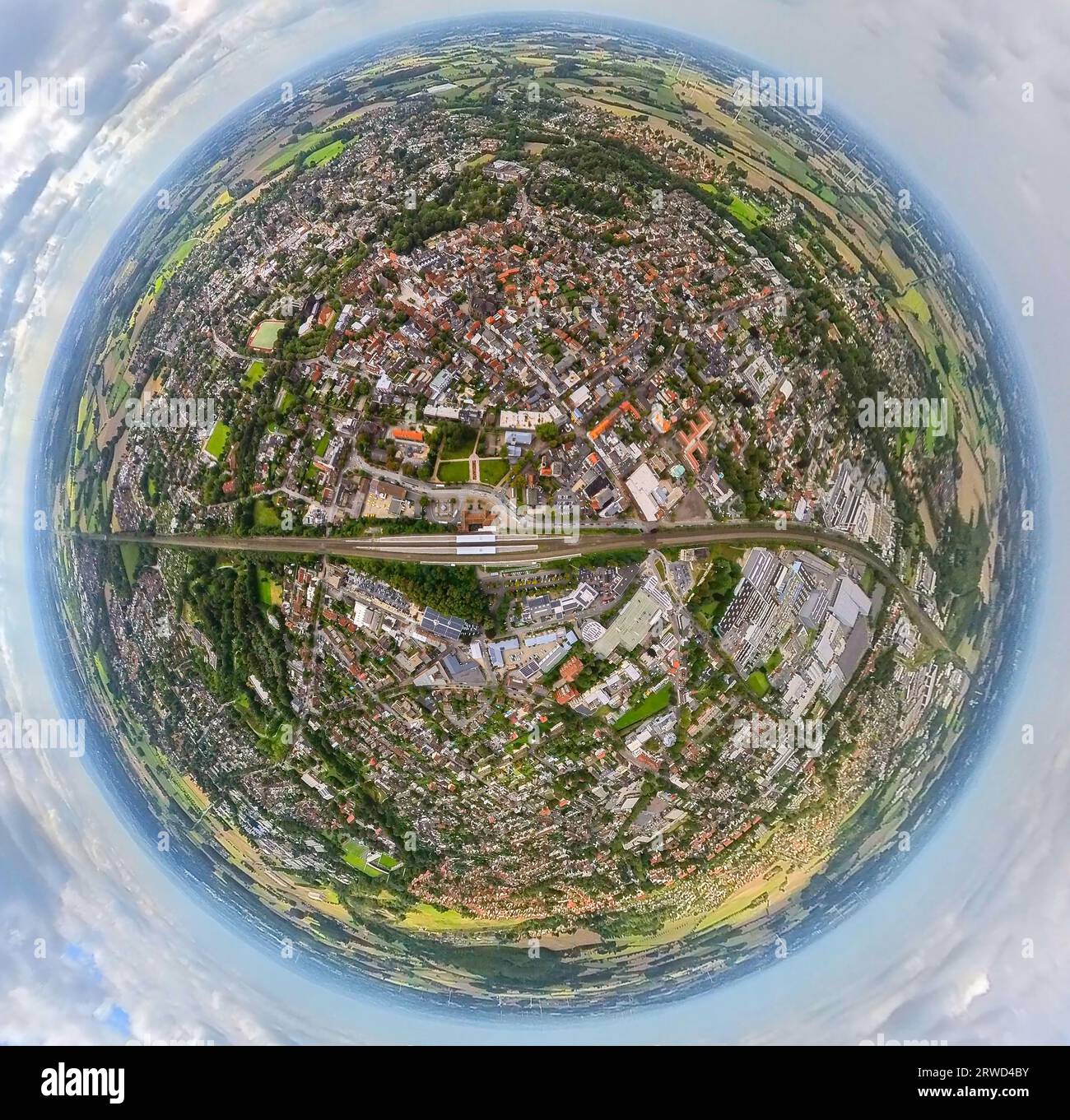 Aerial view, city view with railroad station Ahlen(Westf), industrial ...