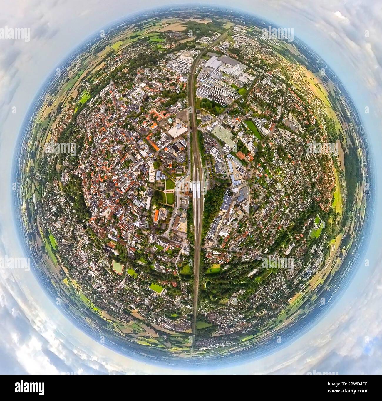 Aerial view, city view with railroad station Ahlen(Westf), industrial ...
