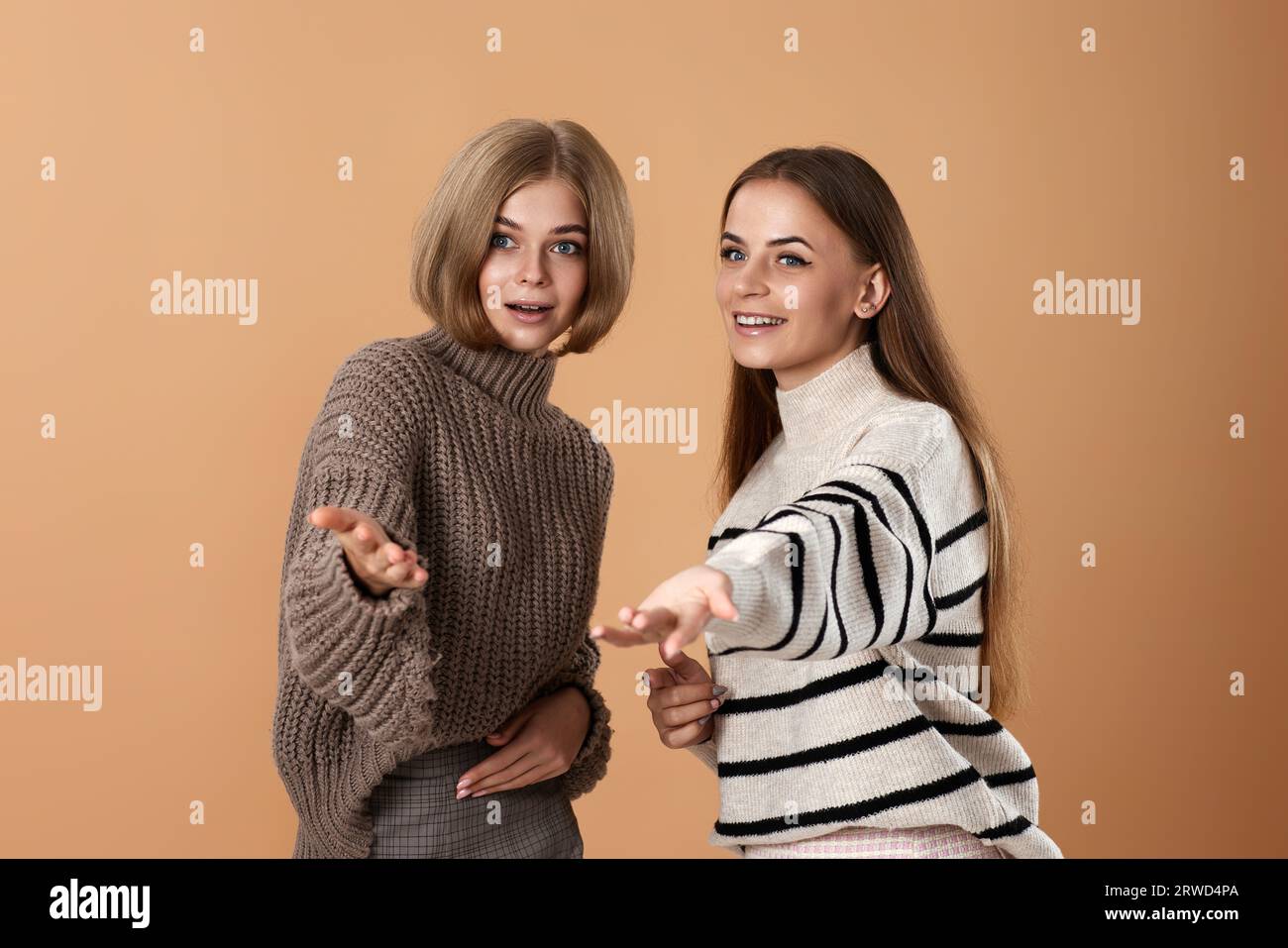 Two cheerful attractive women friends talking together Stock Photo - Alamy