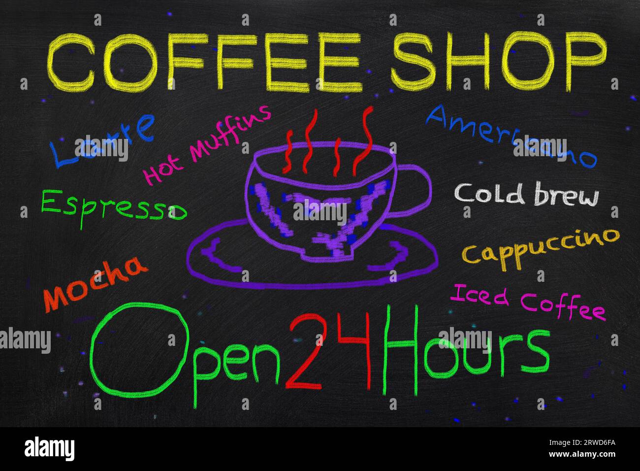 Chalkboard signage of a coffee shop serving a variety of drinks and ...