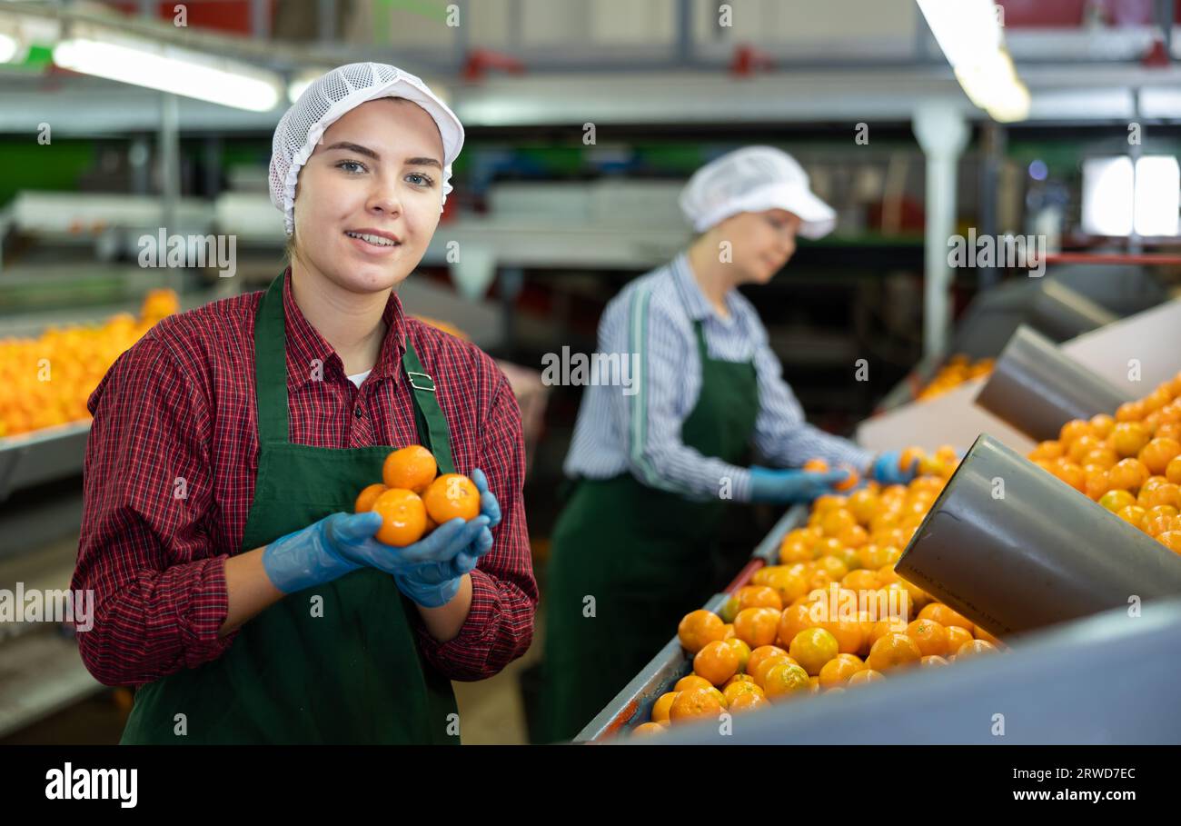 Happy female fruit sorting factory worker holding tangerines Stock ...