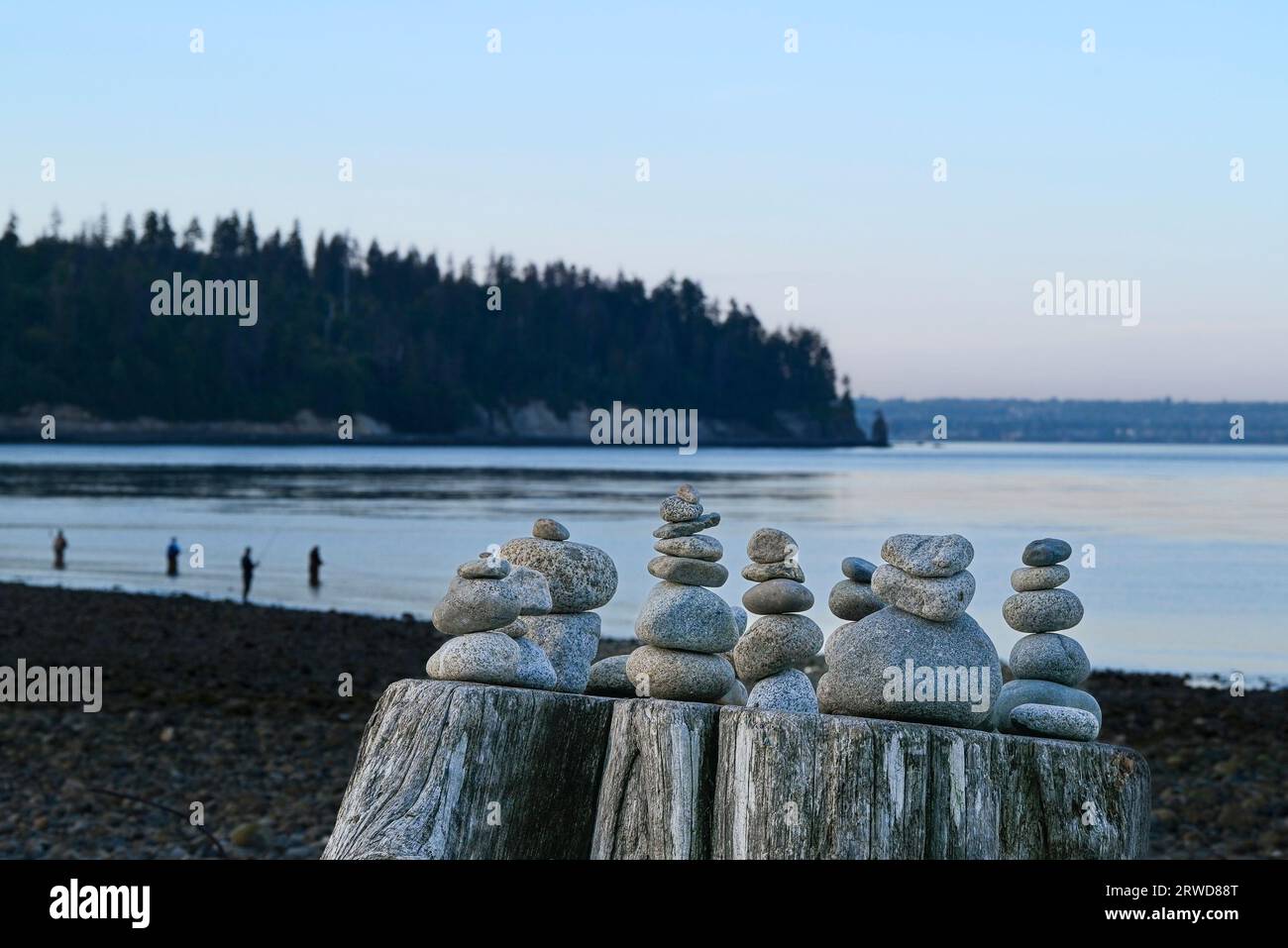 Collection of balanced rocks, Ambleside Beach, West Vancouver, British ...