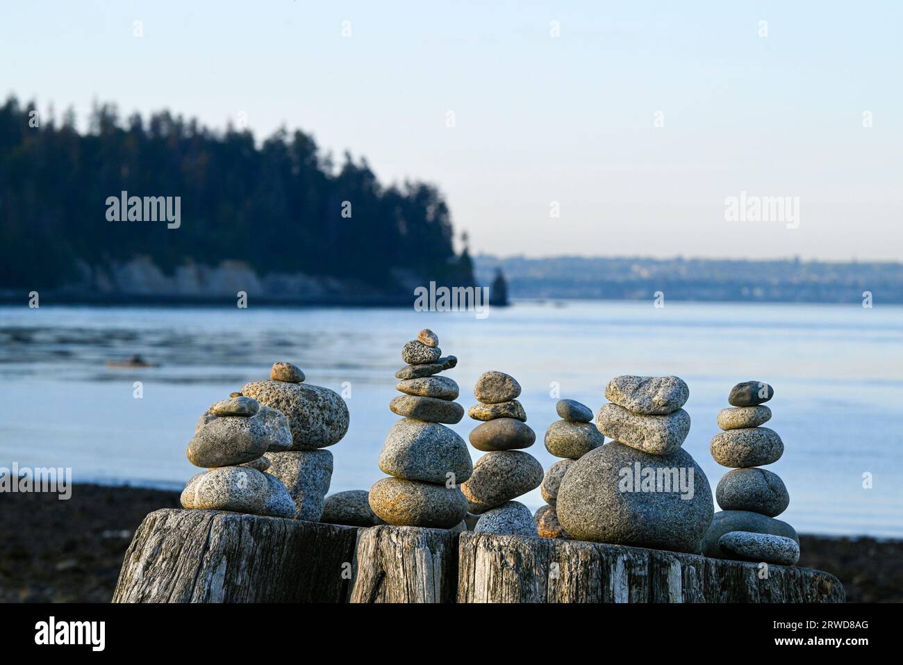 Collection of balanced rocks, Ambleside Beach, West Vancouver, British ...