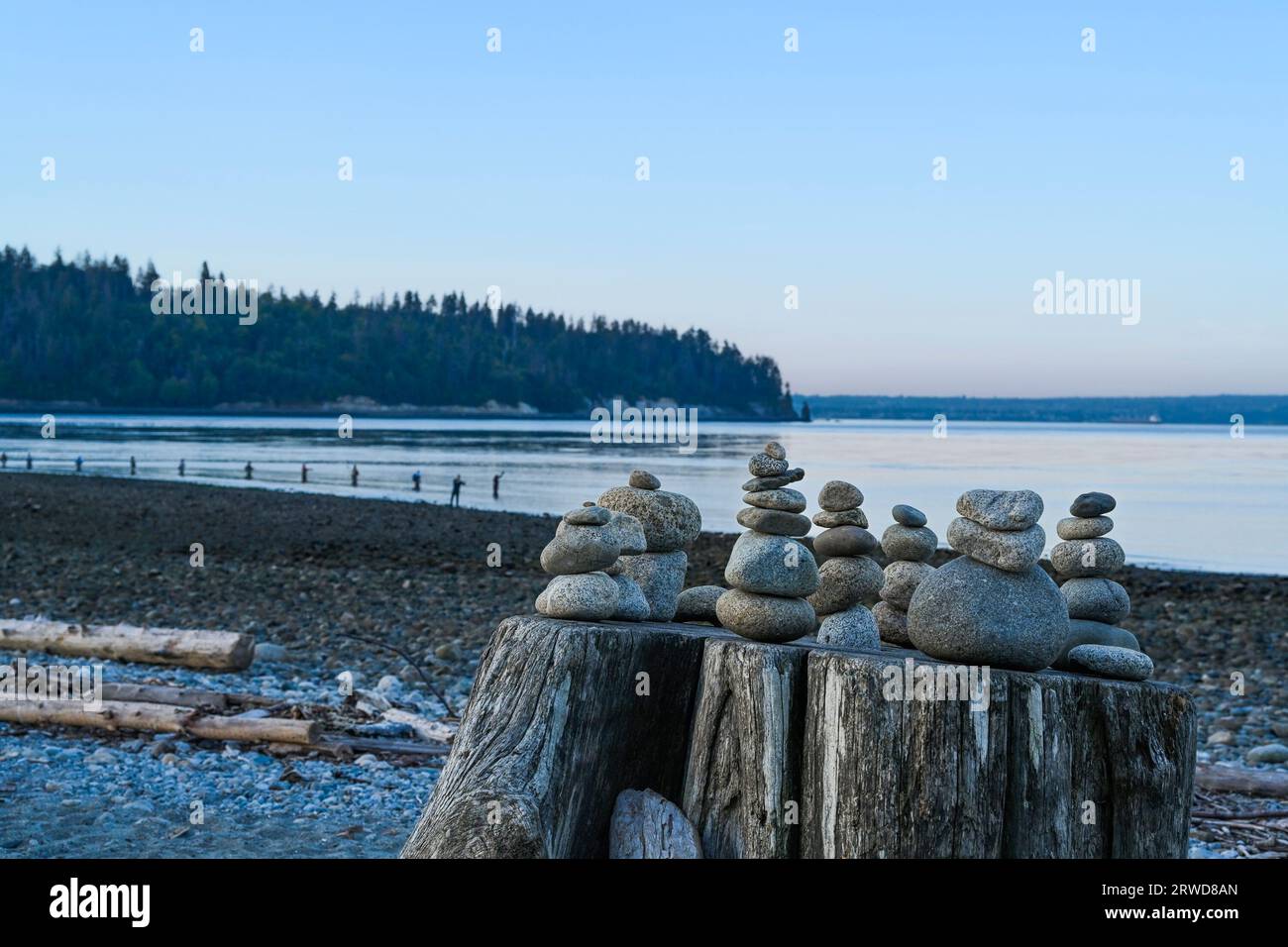 Collection of balanced rocks, Ambleside Beach, West Vancouver, British ...