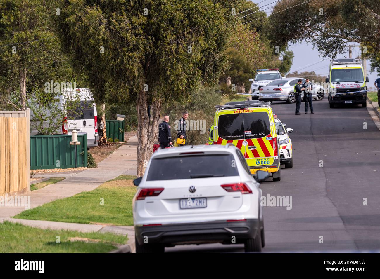 Melton South, Australia, 18 September, 2023. Ambulance officers leave a ...