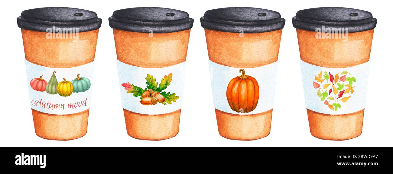 Set of paper cups with hot drink for autumn mood. Hot drink. Autumn ...