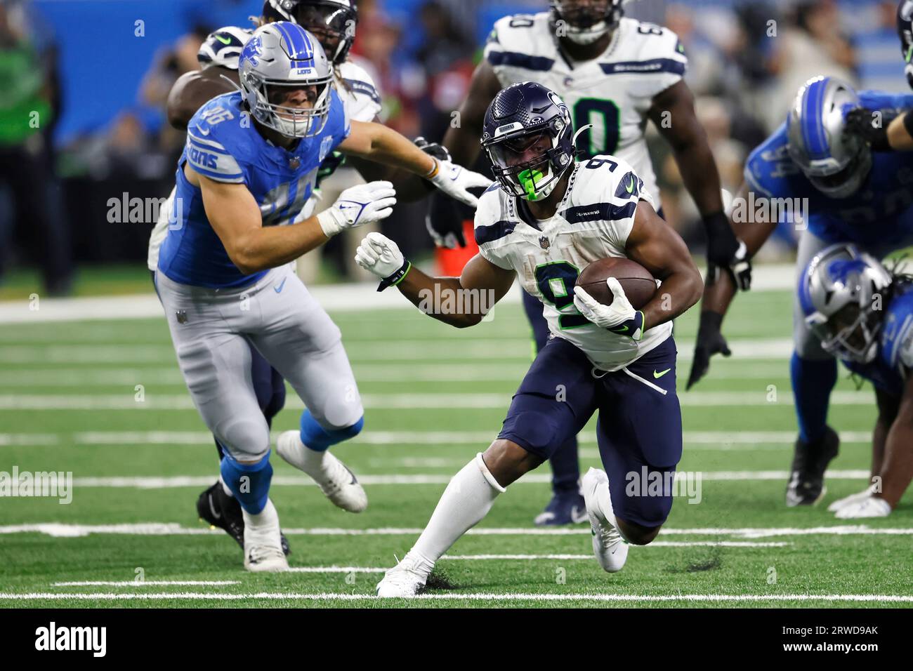 Seattle Seahawks running back Kenneth Walker III (9) is pursued by ...