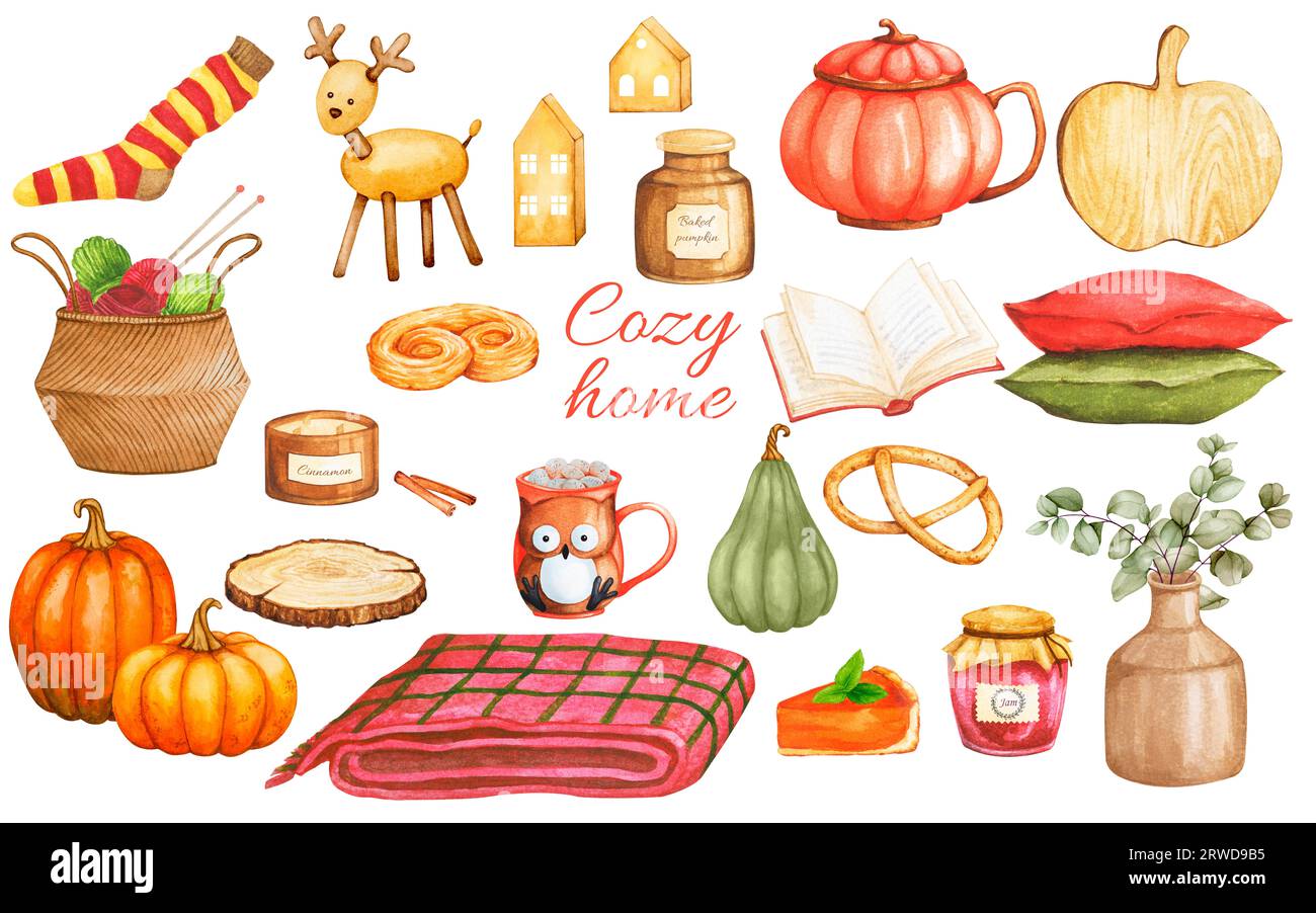Set of watercolor elements on the theme of Cozy Autumn, Thanksgiving ...