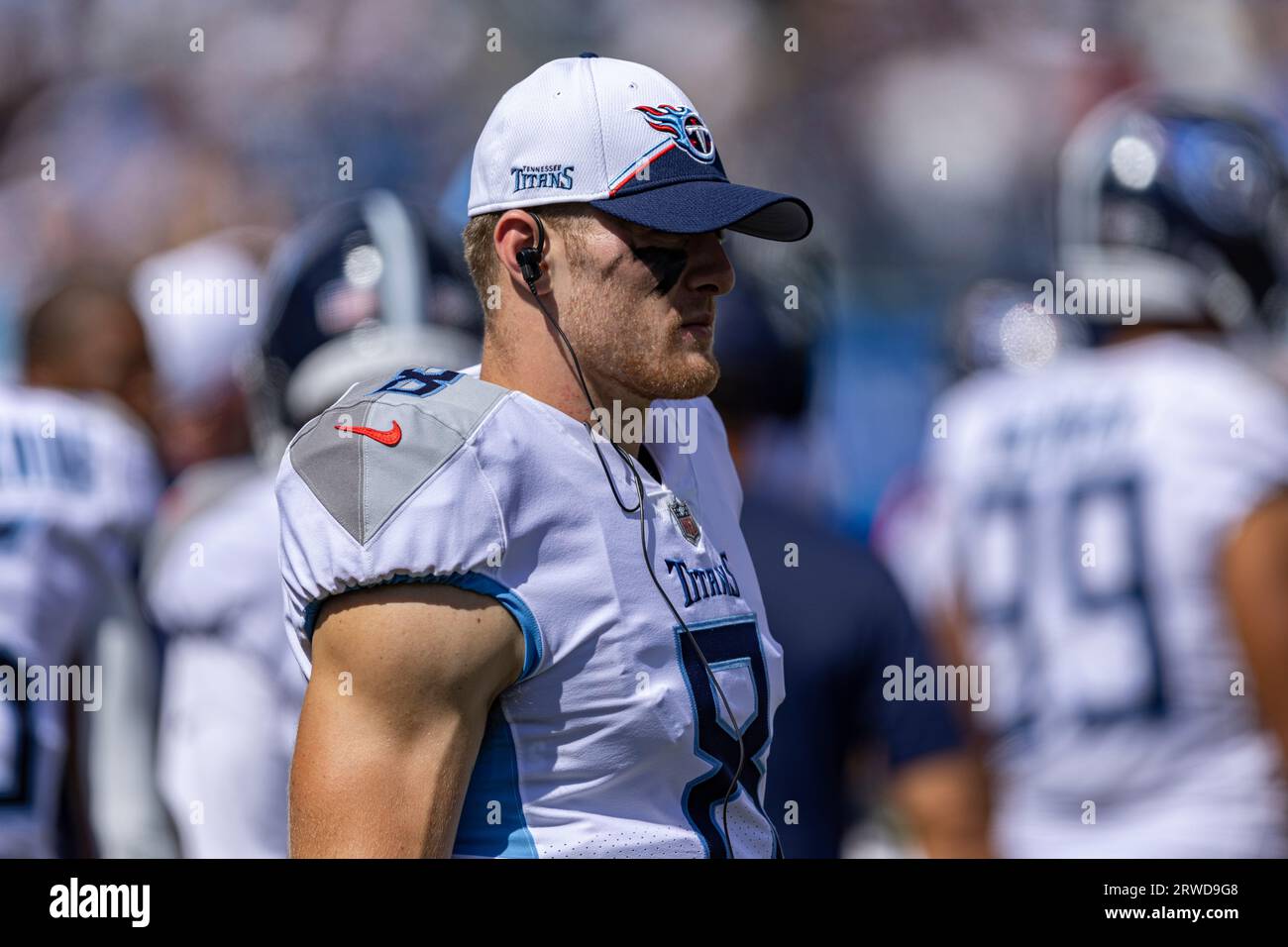 Tennessee Titans quarterback Will Levis (8) takes a break during their ...