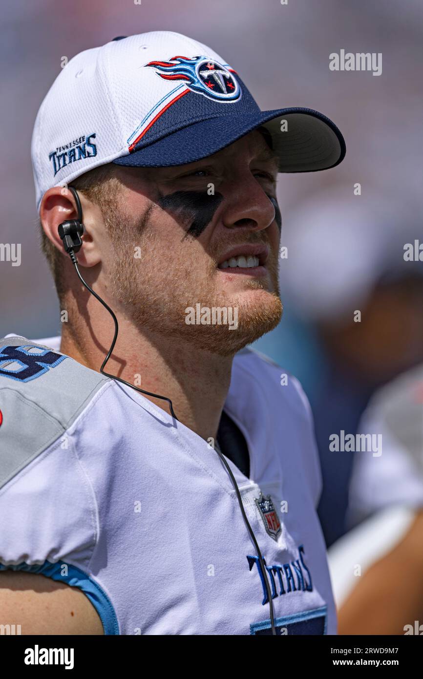 Tennessee Titans quarterback Will Levis (8) takes a break during their ...