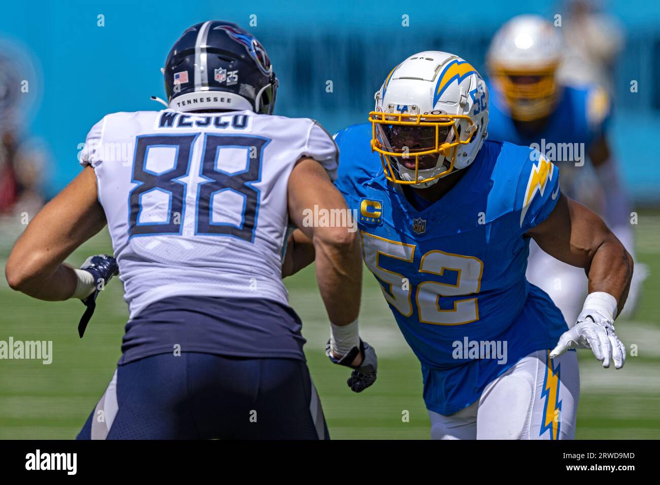 Los Angeles Chargers linebacker Khalil Mack (52) rushes as he's blocked ...