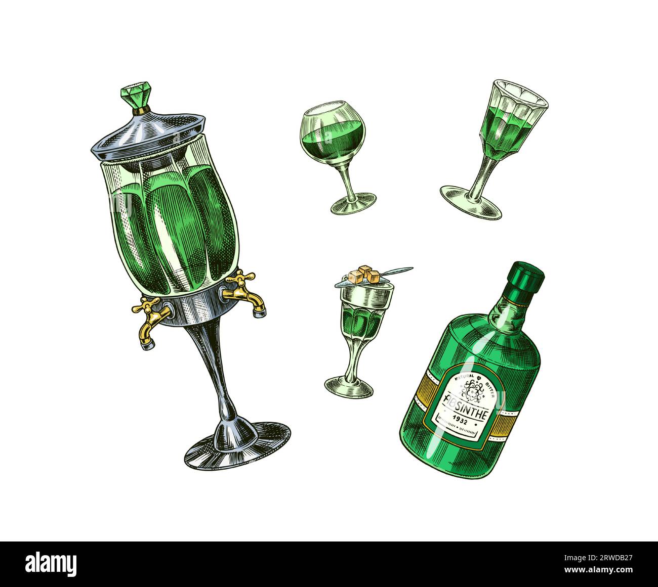 Bottle of Absinthe Glass shot. Woman holding a toast drink. Pot Swan ...