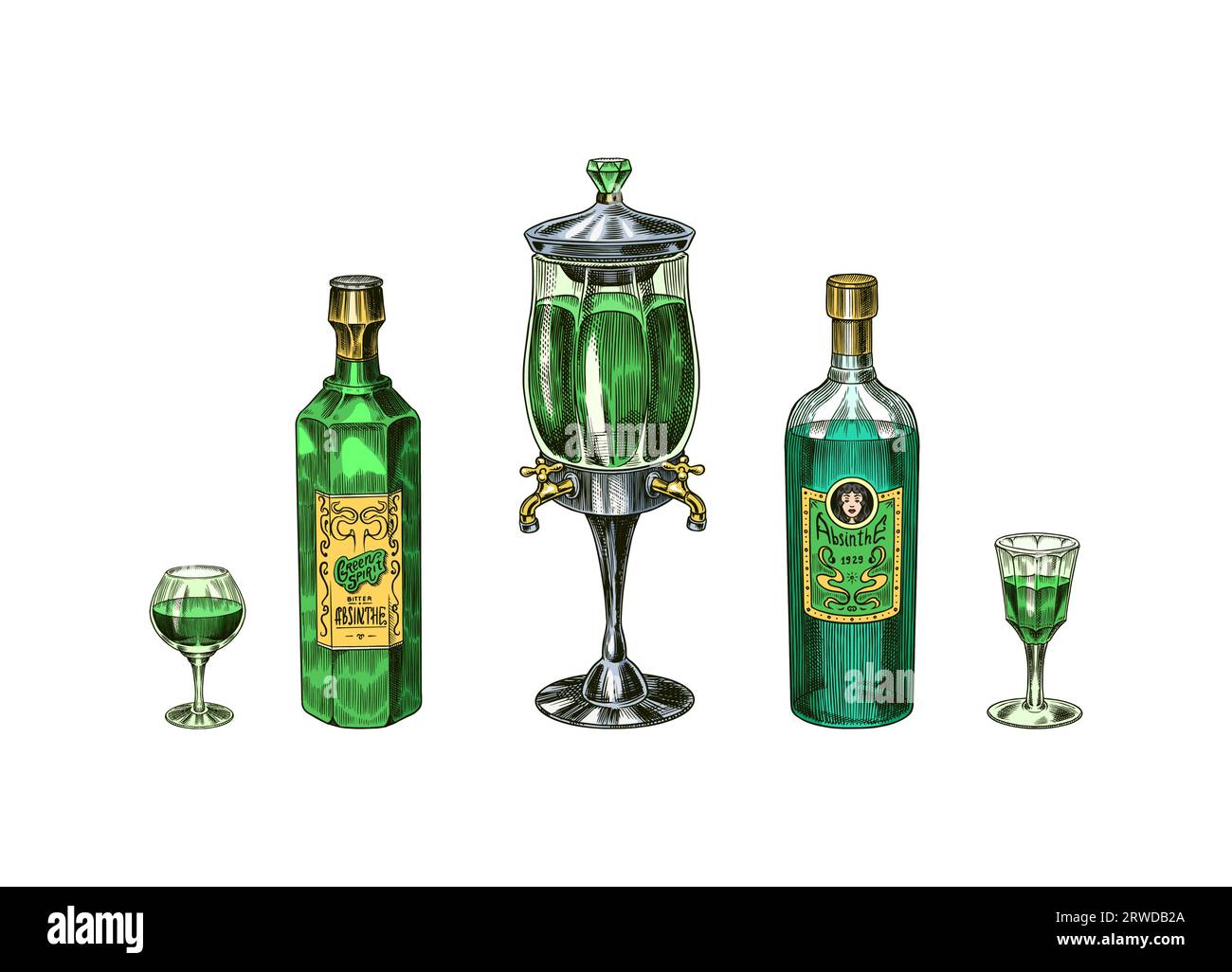 Bottle of Absinthe Glass shot. Woman holding a toast drink. Pot Swan ...