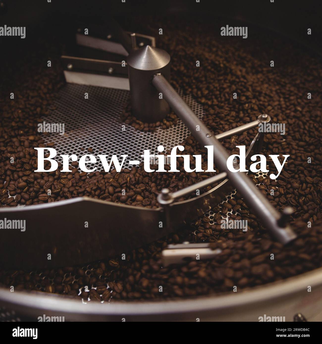 Brew tiful day text over coffee beans being processed in machine Stock ...