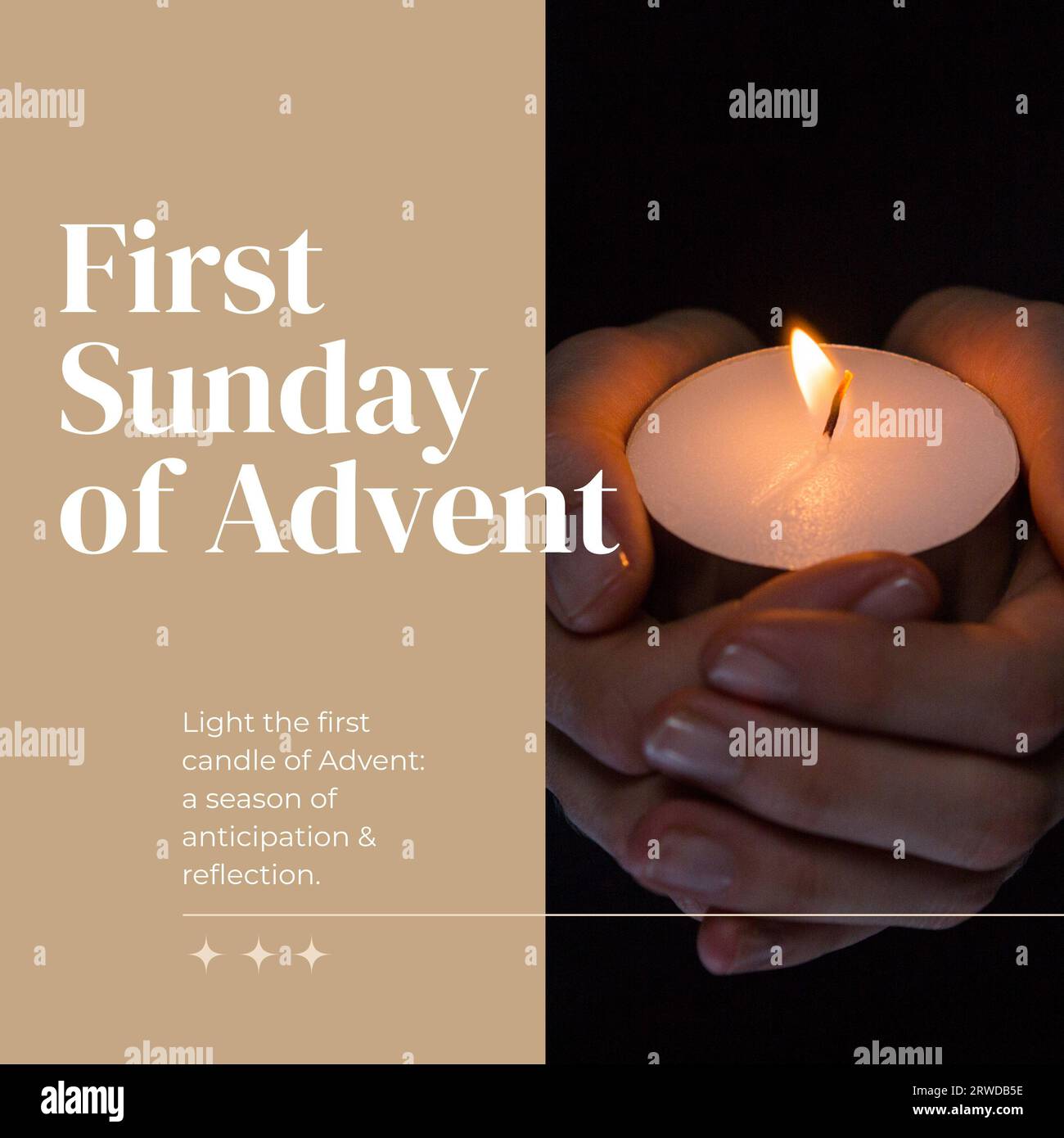 Composite of first sunday of advent text and lit candles on dark ...