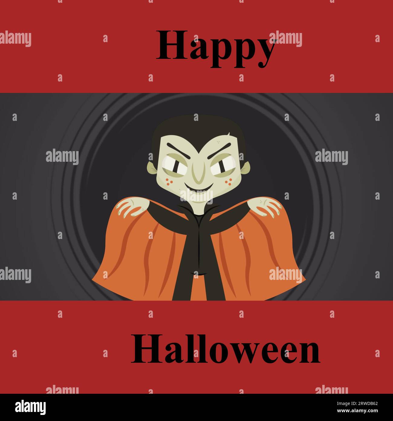 Happy halloween text on red with smiling vampire character in cape on ...