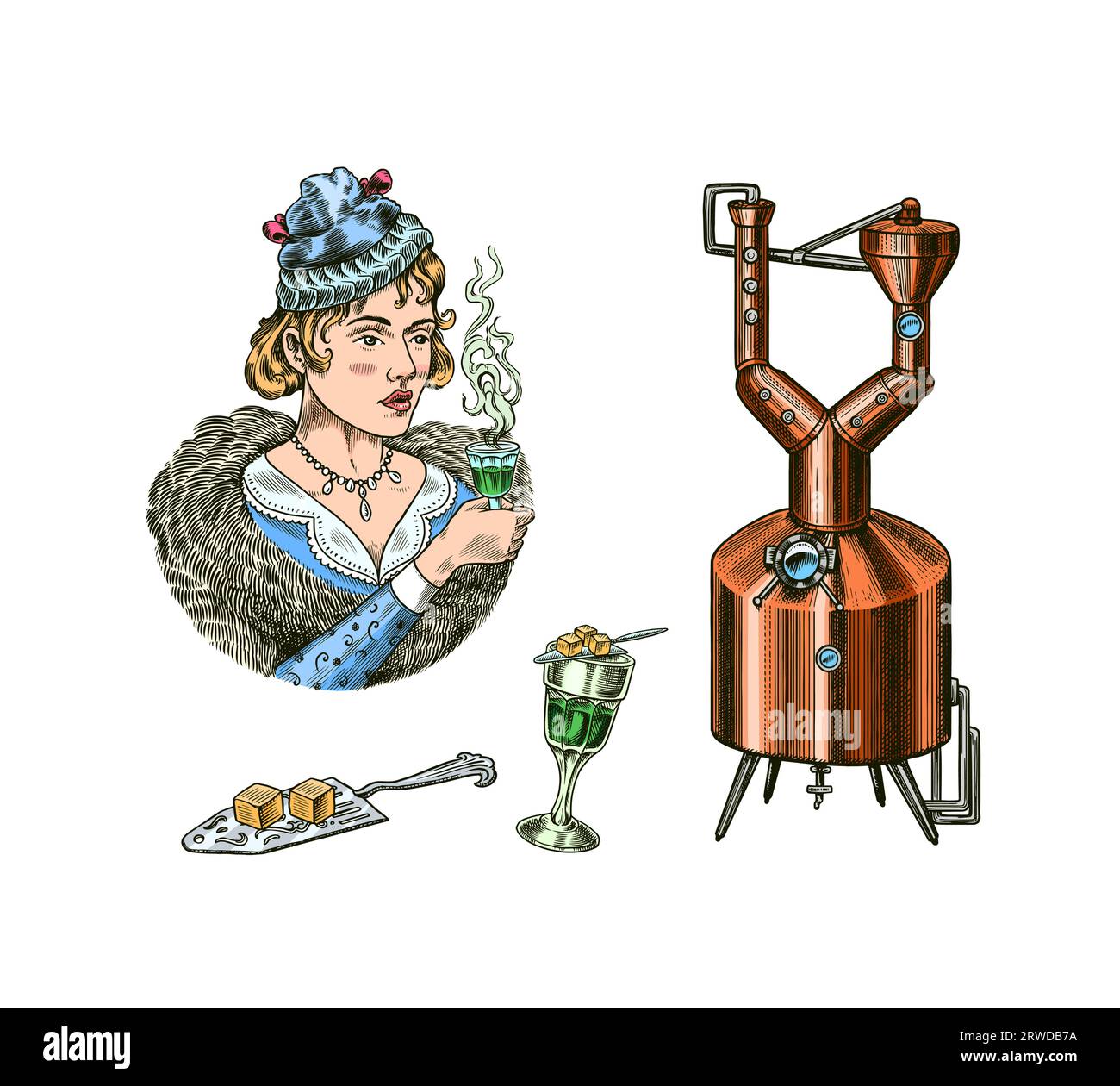 Bottle of Absinthe Glass shot. Woman holding a toast drink. Pot Swan ...